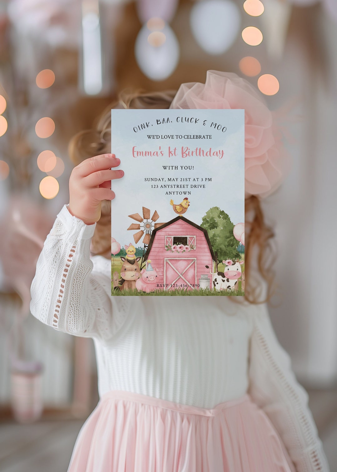 Editable Pink Birthday Farm Friends Invitation Template With Matching ...