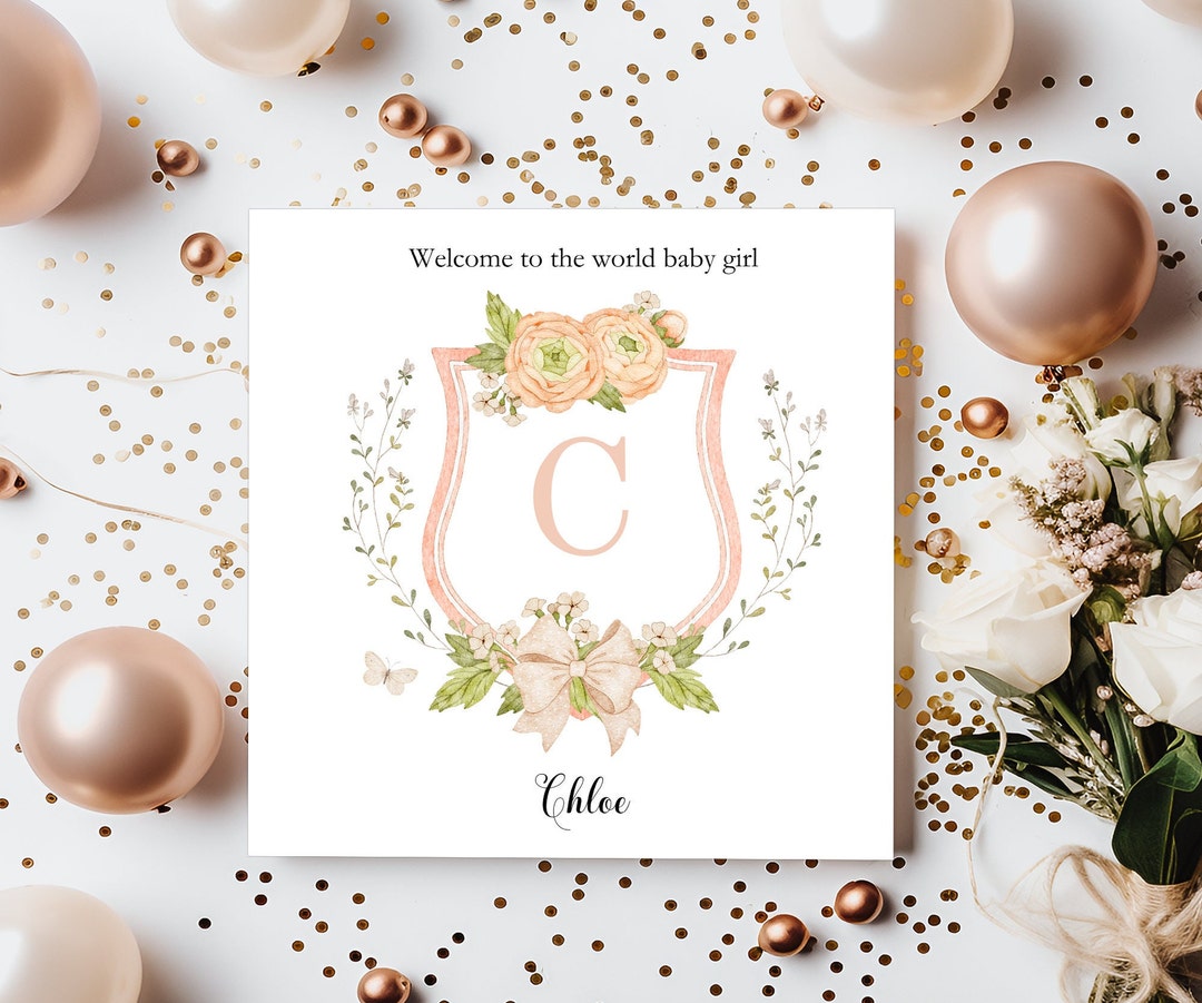 Personalized Baby Girl Crest Welcome Card | Custom Name and Age ...