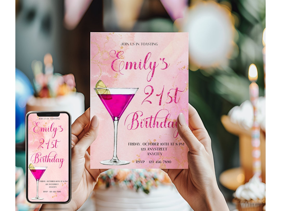 Editable Pink Cosmo 21st Birthday Party Invitation Template With ...