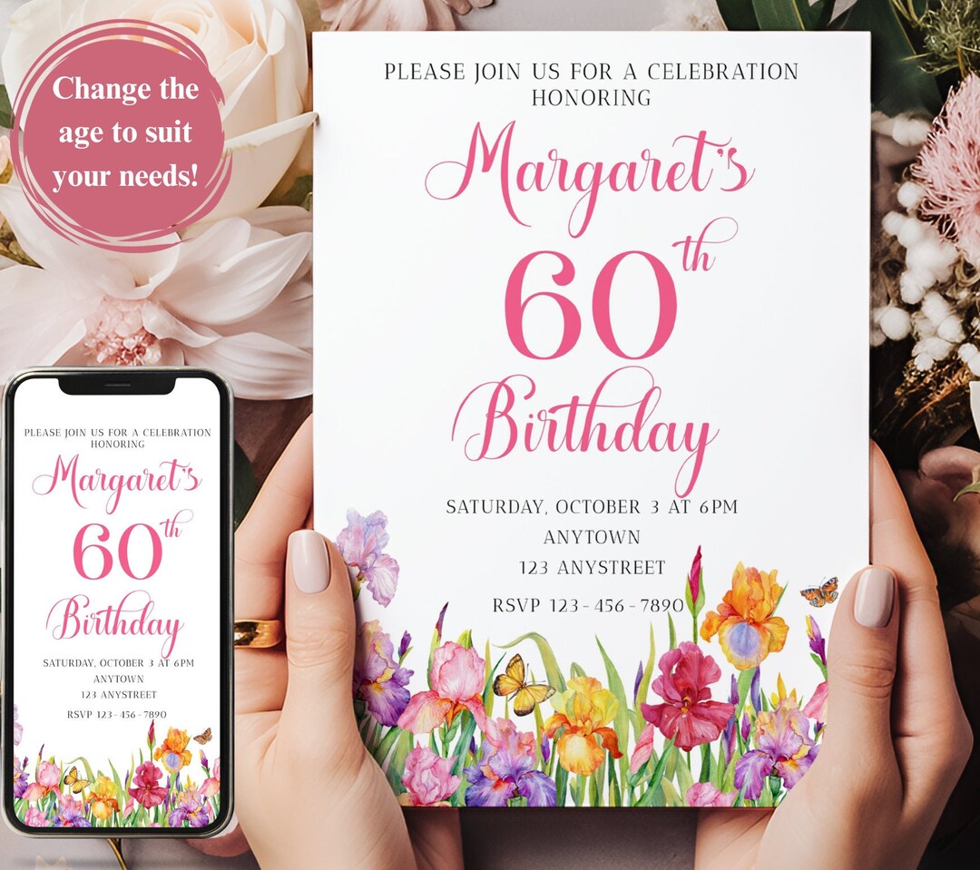 Floral Iris Birthday Invitation Template: Editable - Etsy