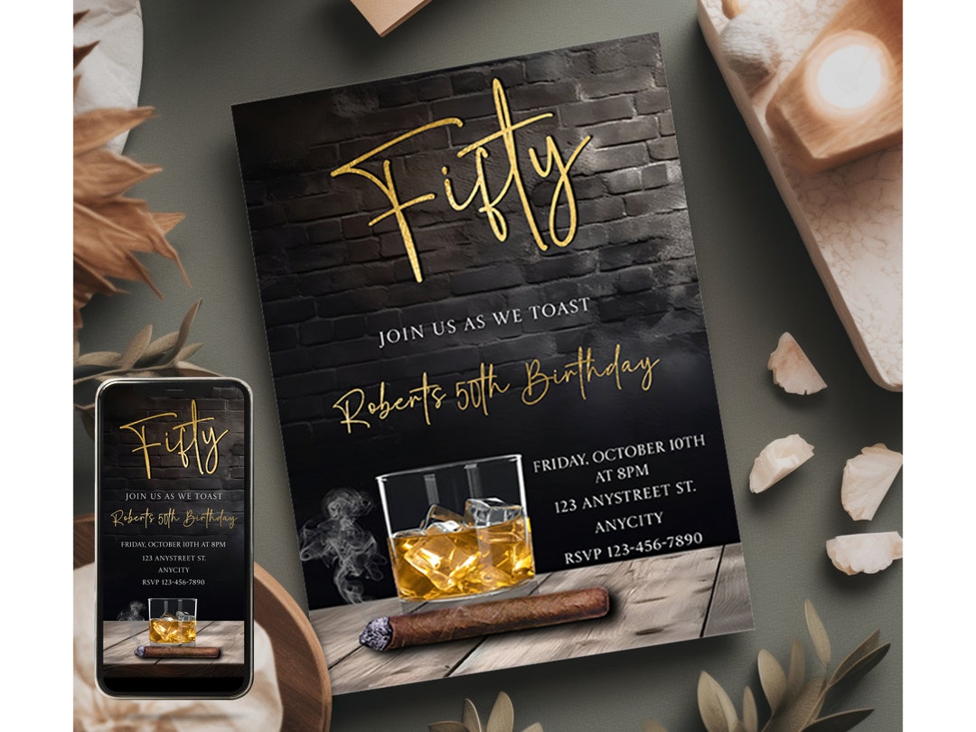 Editable Men's 50th Birthday Cigar and Whiskey Invitation Template With ...
