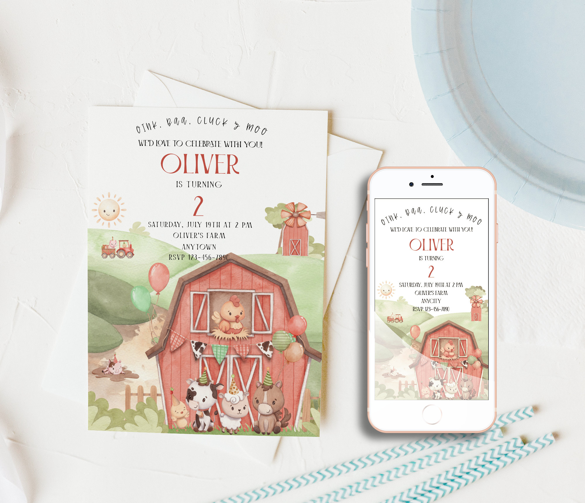 Editable Red Birthday Farm Friends Invitation Template With Matching ...