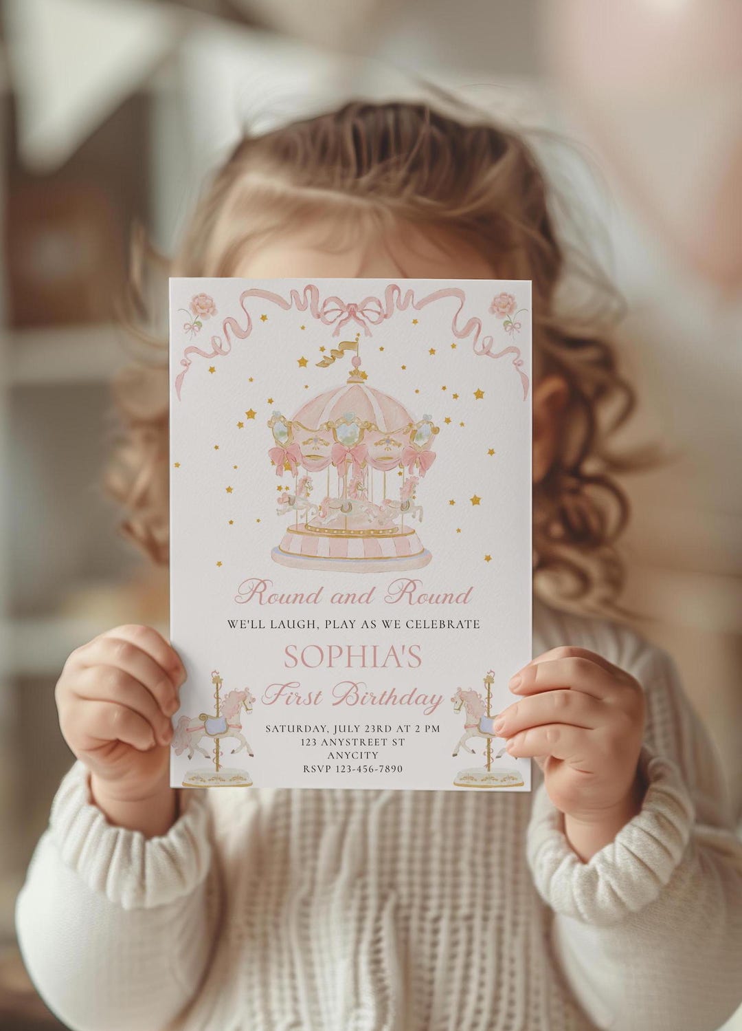 Pastel Pink Carousel Birthday Invitation Template for Girls - Etsy
