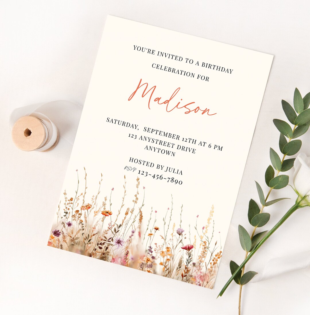 Editable Wildflower Invitation Template With Electronic - Etsy