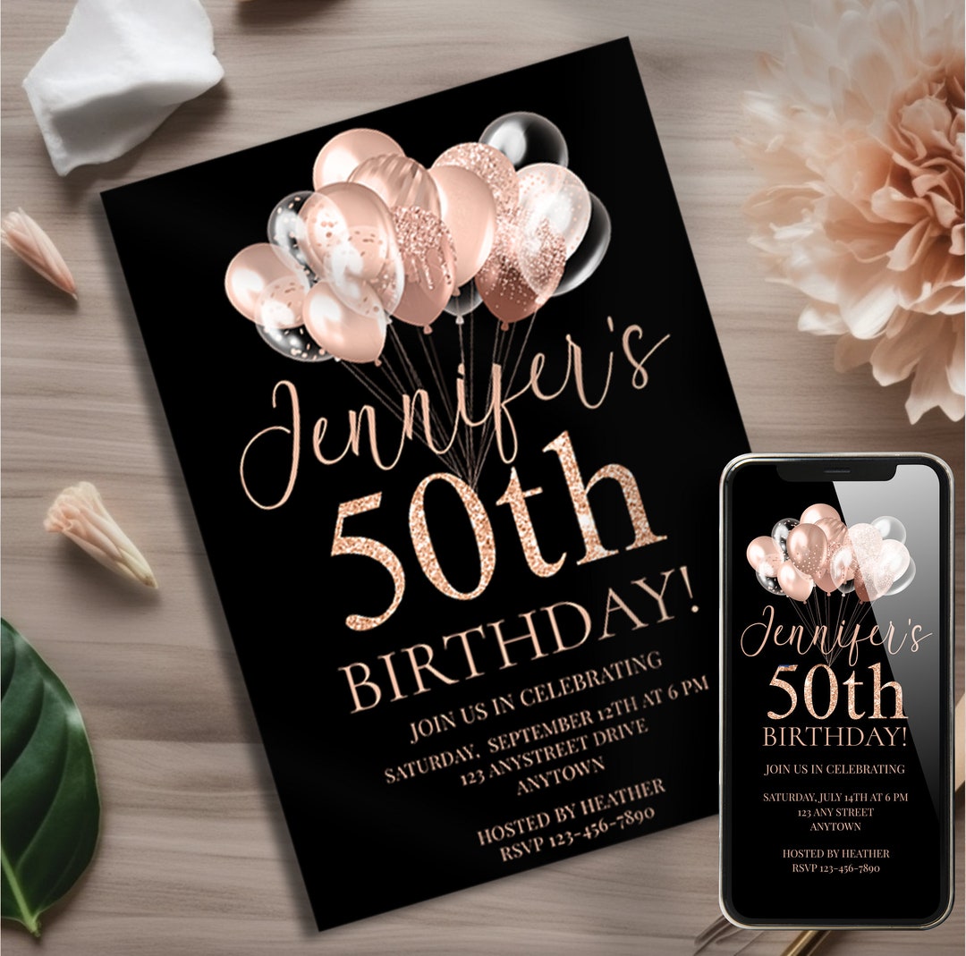 Editable Rose Gold 50th Birthday Invitation Template With Matching ...