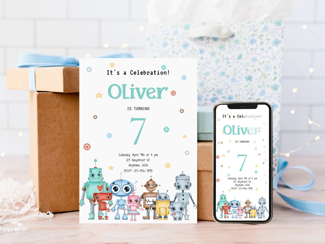 Robot Birthday Party Invitation Template With Smartphone Invite - Etsy