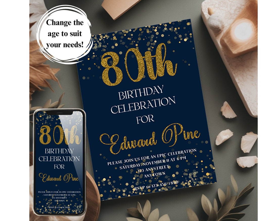 Editable 80th Birthday Invitation Template With Matching Smartphone ...