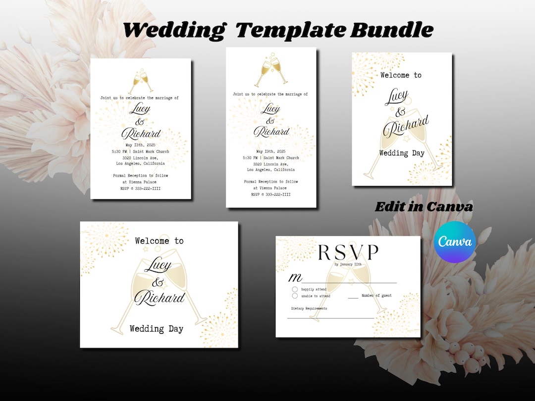 Editable Toast Design Wedding Invitation Bundle Printable Blue Wedding ...