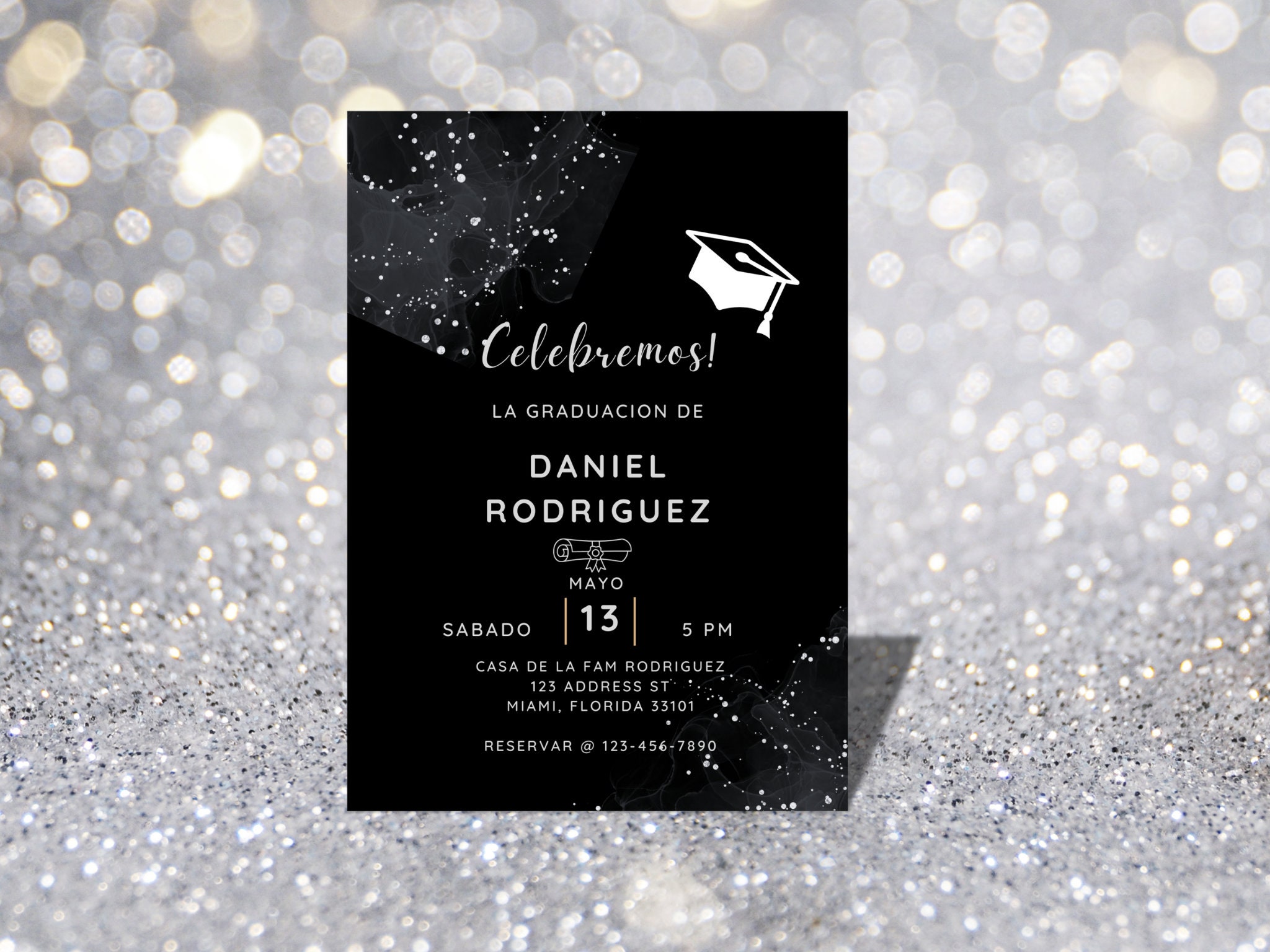 Elegant Black Graduation Invitation Template: Spanish, Printable ...