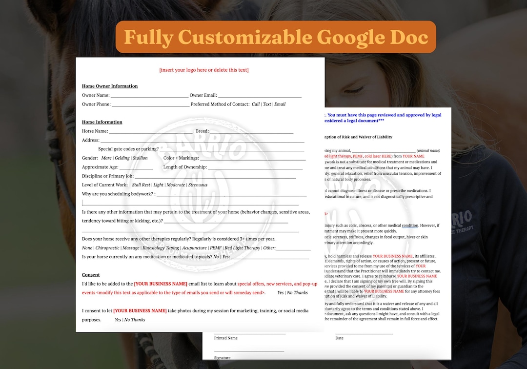 Printable Equine Bodyworker Intake Form & Liability Release (google Doc ...