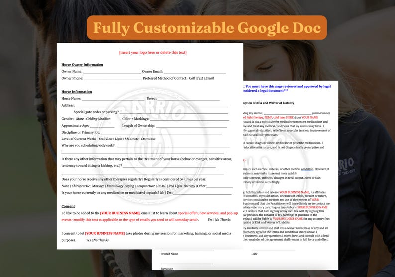 Printable Equine Bodyworker Intake Form & Liability Release (google Doc ...