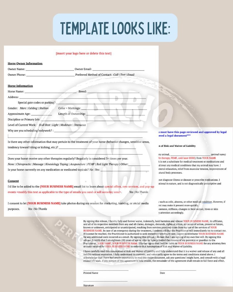 Equine Bodyworker Intake Form & Liability Release Equine Massage Client ...