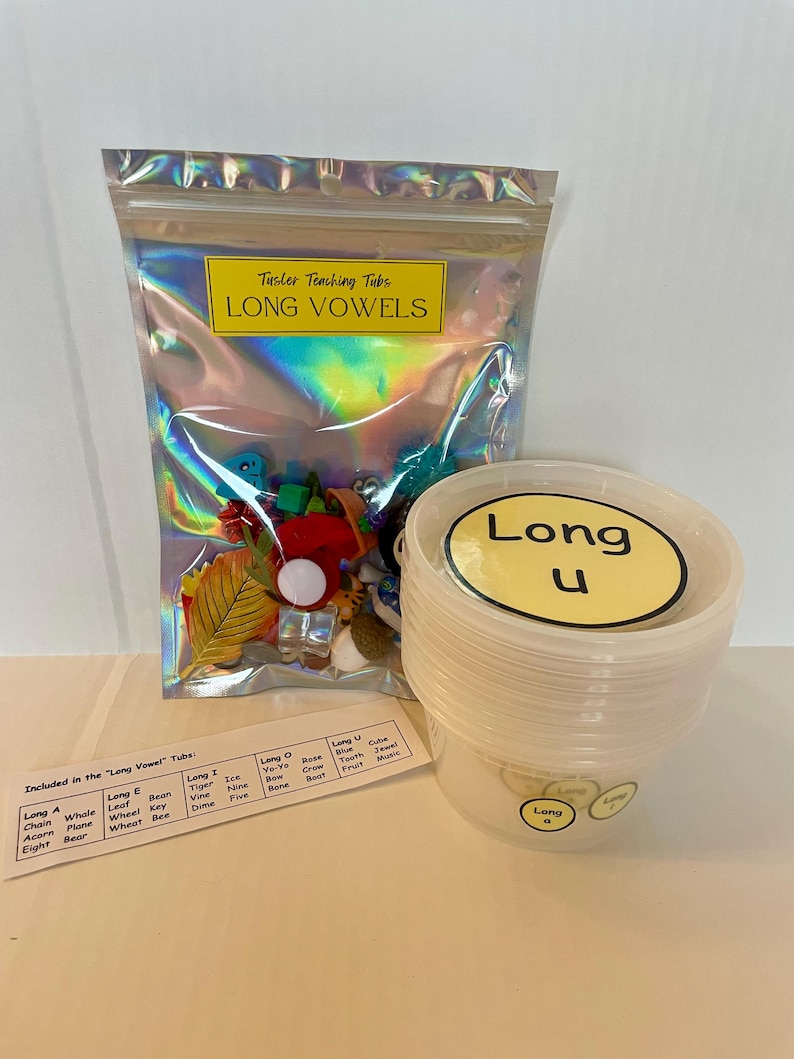 Long Vowel Letter Tubs With Mini Objects - 6 Objects per Vowel, Yellow ...