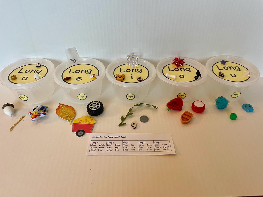 Long Vowel Letter Tubs With Mini Objects - 6 Objects per Vowel, Yellow ...