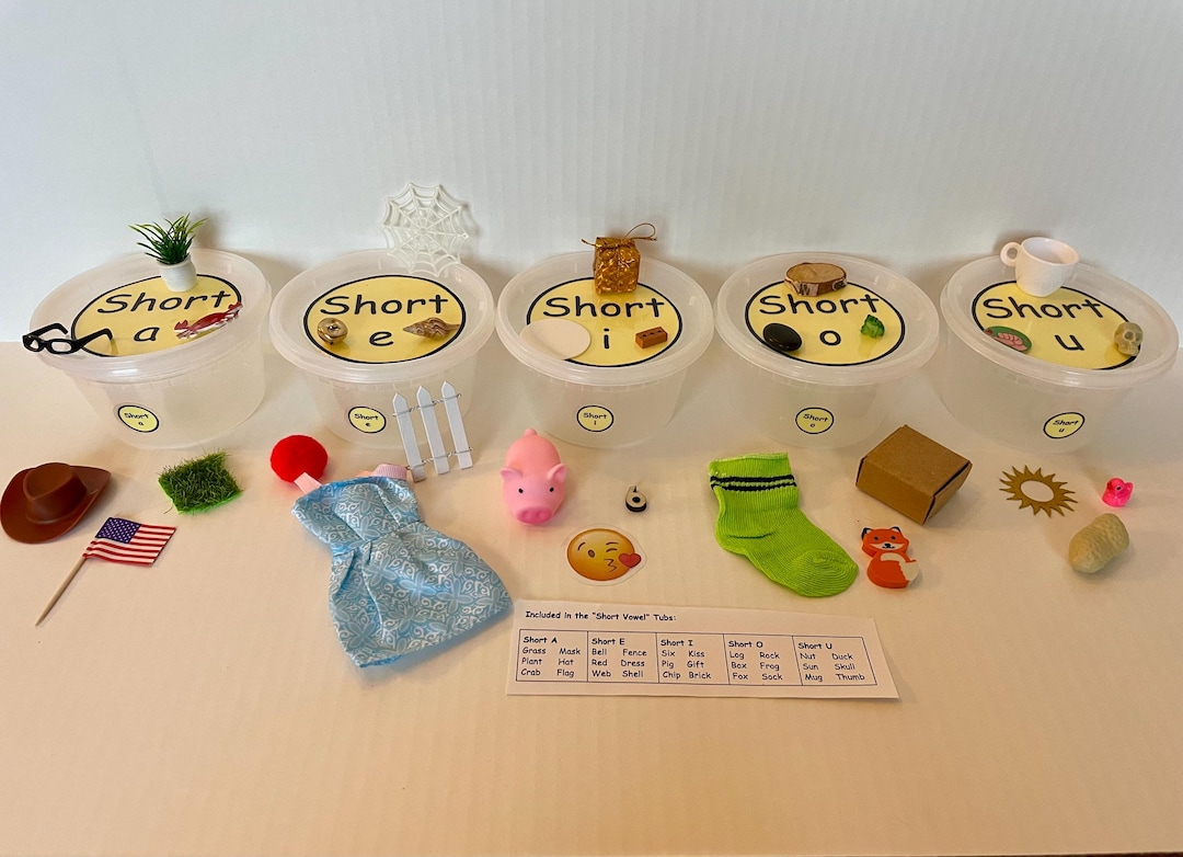 Short Vowel Letter Tubs With Mini Objects - 6 Objects per Vowel, Yellow ...