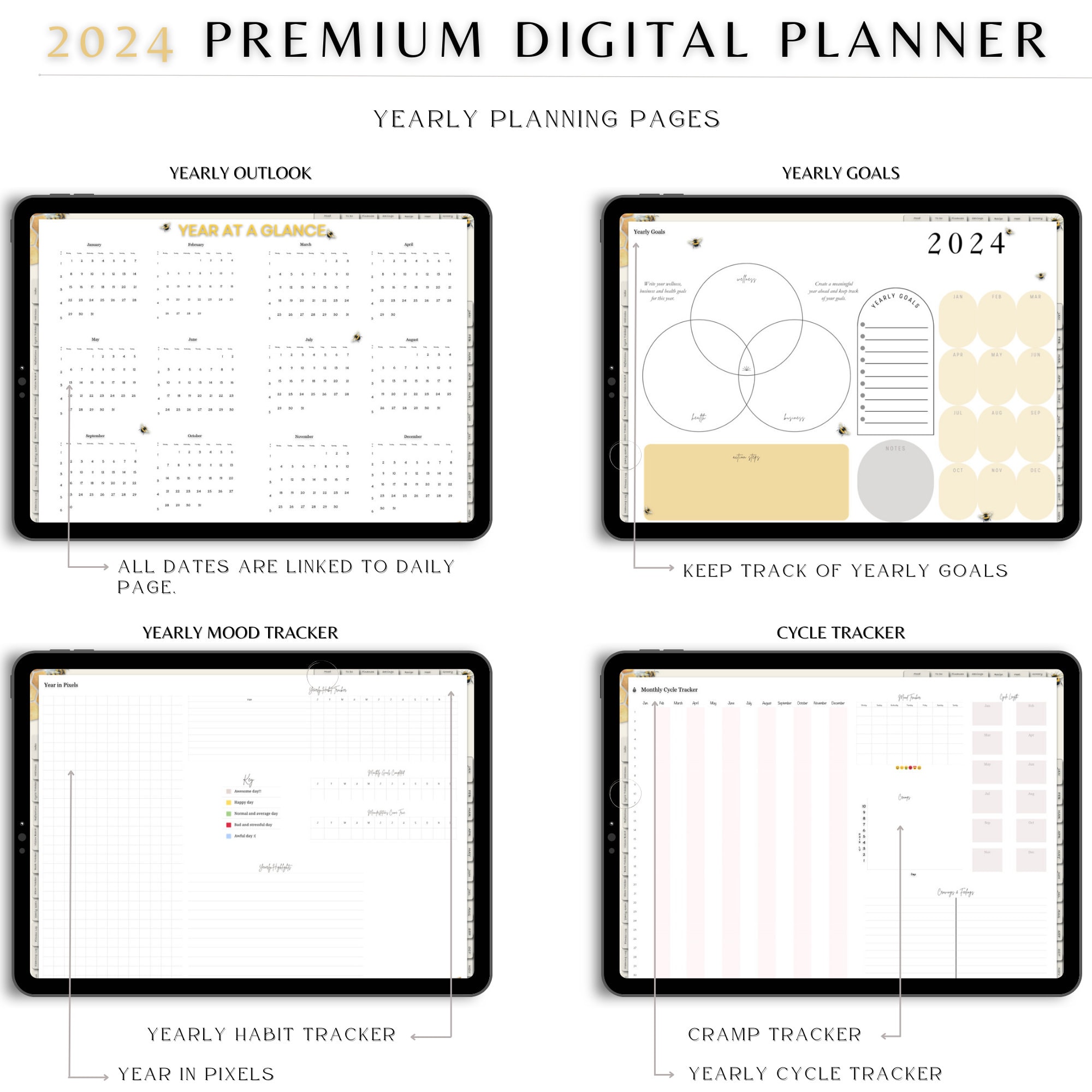 2024 Digital Planner 25 Trackers 500 PNG Stickers 100 Covers Monday ...