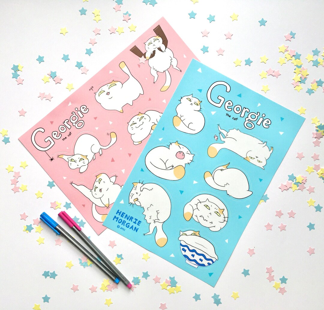 Georgie the Cat 8x12 Large Vinyl Sticker Sheets Pink and Blue - Etsy