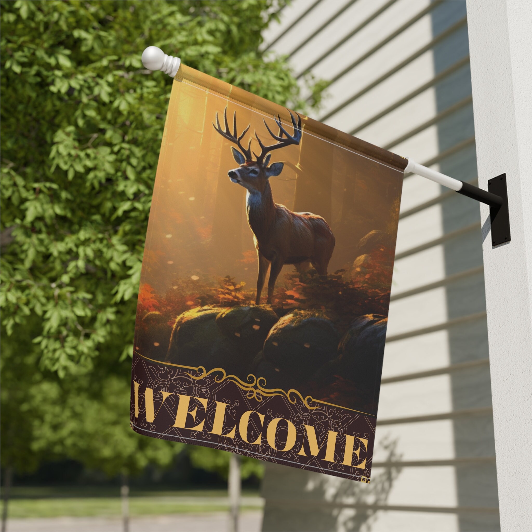 Welcome Whitetail Deer in the Forest Garden House Banner Home Flag Gift ...