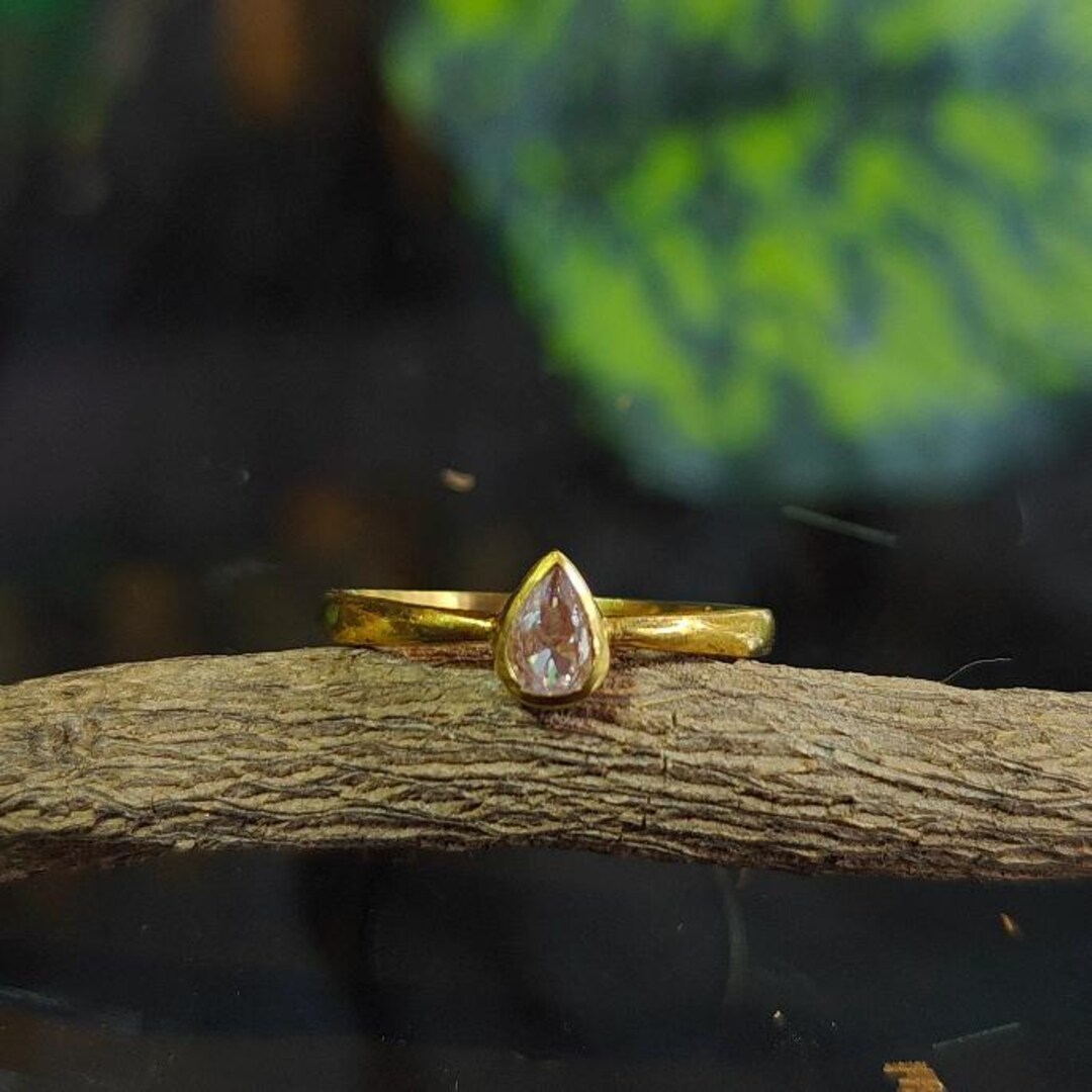Small Pear Bezel Diamond Engagement Ring, Solid Gold Pear Ring, Dainty ...