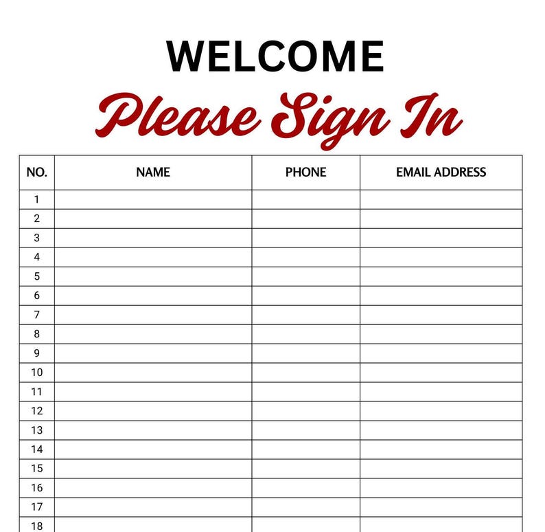WELCOME Sign in Sheet: Event Guest Contact List (PDF) - Etsy