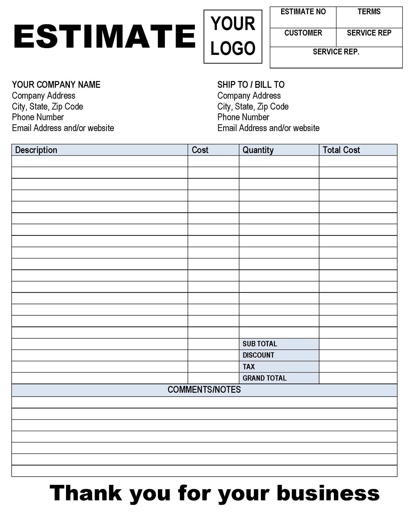 CLASSIC Estimate - Invoice Documented Template | Editable |printable ...