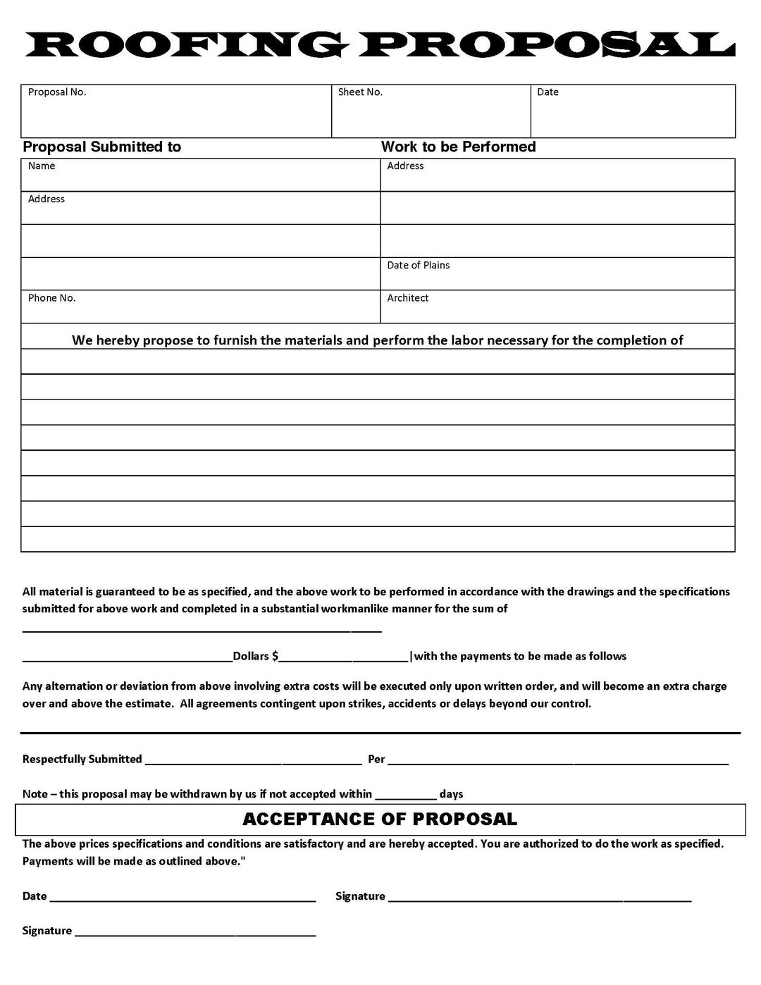 Roofing Proposal Templates | EDITABLE |PRINTABLE FORM (8.5 by 11 ...