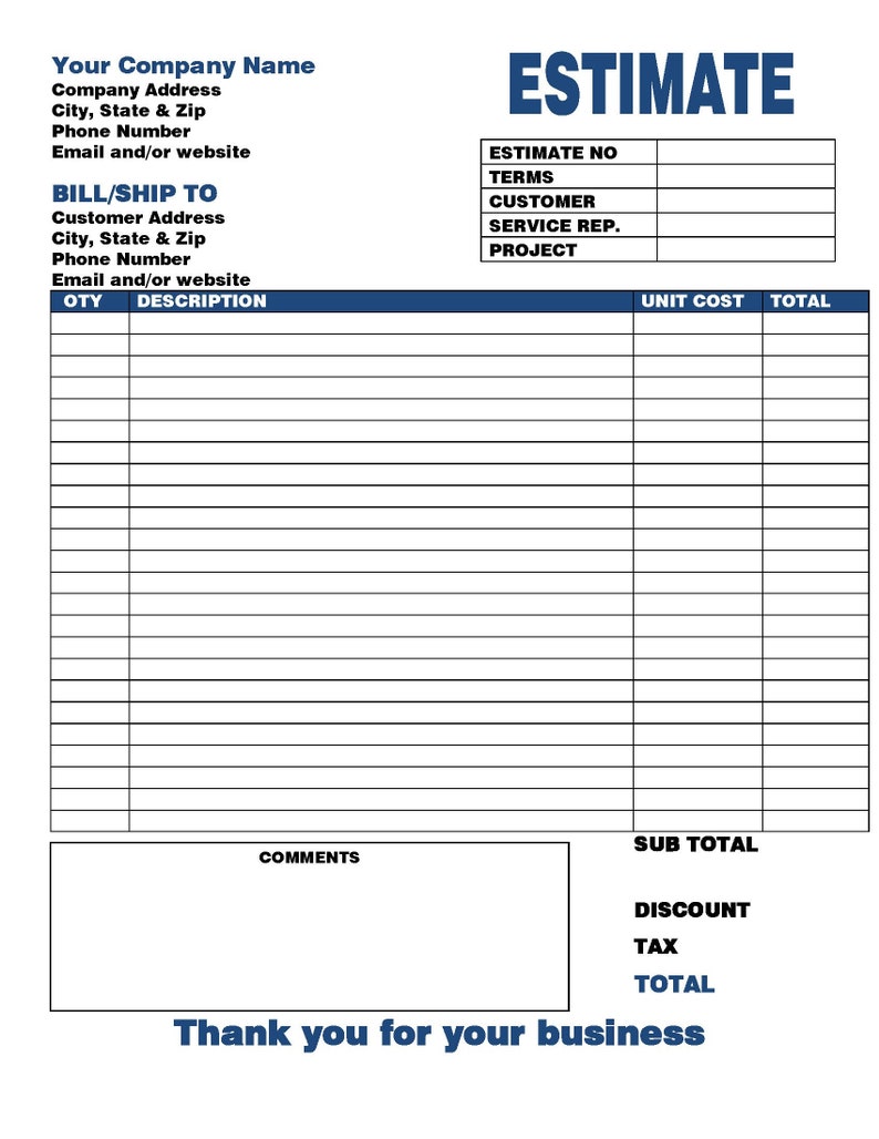 ESTIMATE-INVOICE Blue Template | Printable Form | Rich Style Edition - Etsy
