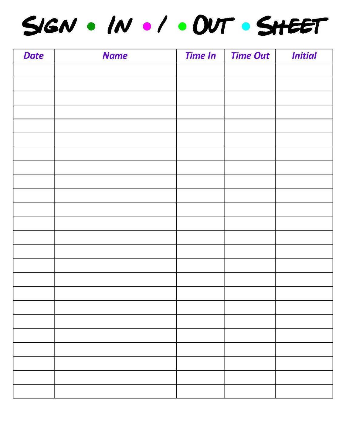 Sign in and Out Sheet Printable Form, Digital File, Instant Download ...