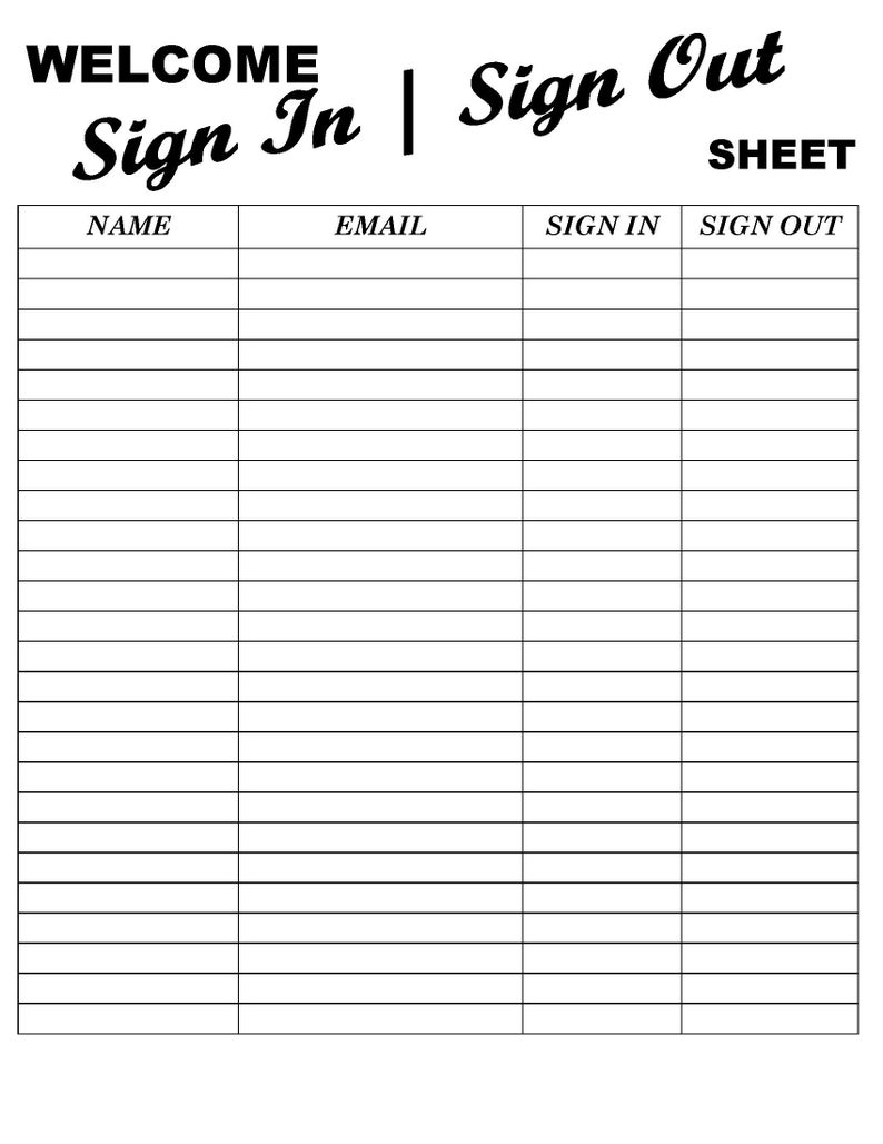 Sign in and Out Sheet Printable Form, Digital File, Instant Download ...