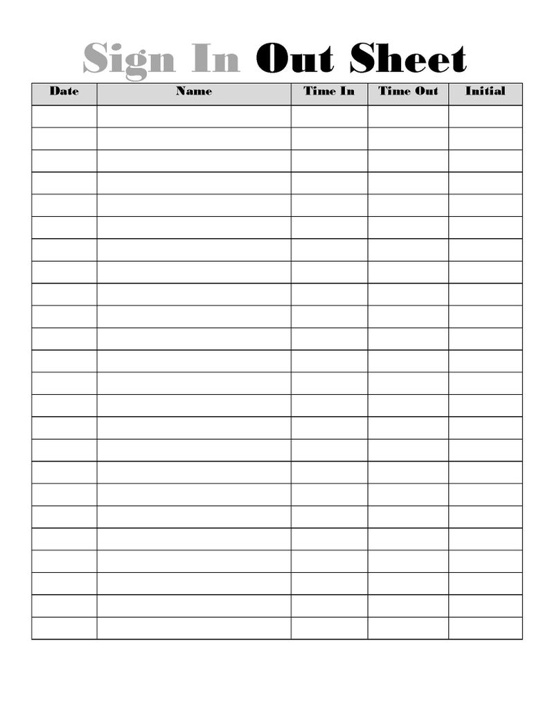 Sign in and Out Sheet Printable Form, Digital File, Instant Download ...