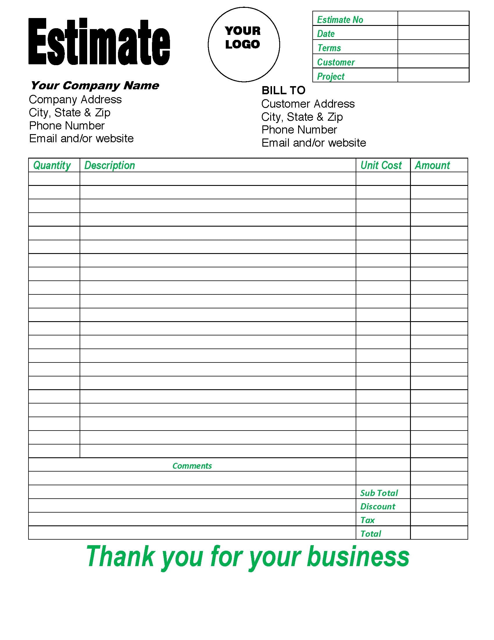 ESTIMATE-INVOICE Black-green Template | Instant Download | Editable ...