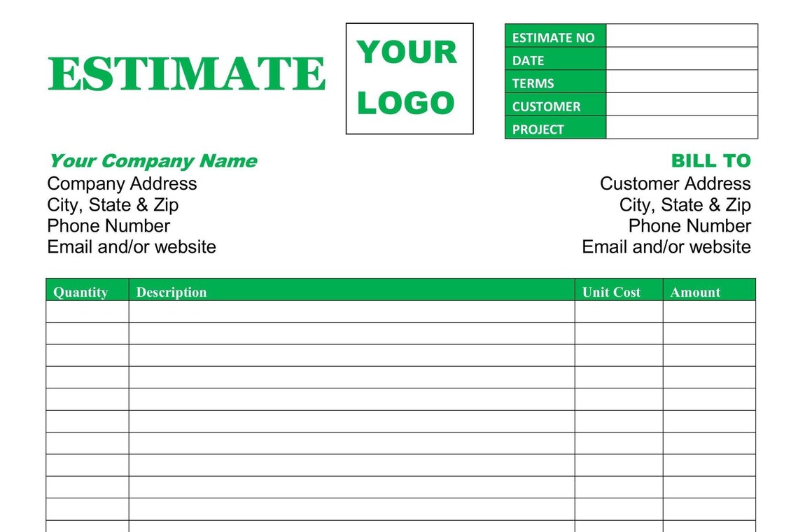 ESTIMATE-INVOICE Green Template | Printable Form - Etsy