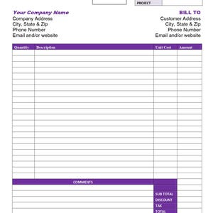 ESTIMATE-INVOICE Purple Template | Printable Form - Etsy