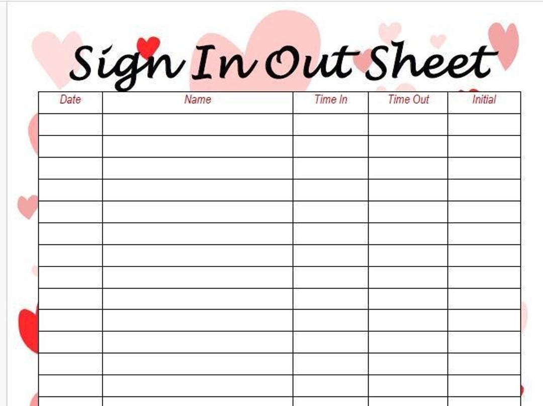 Sign in and Out Sheet Printable Form, Digital File, Instant Download ...
