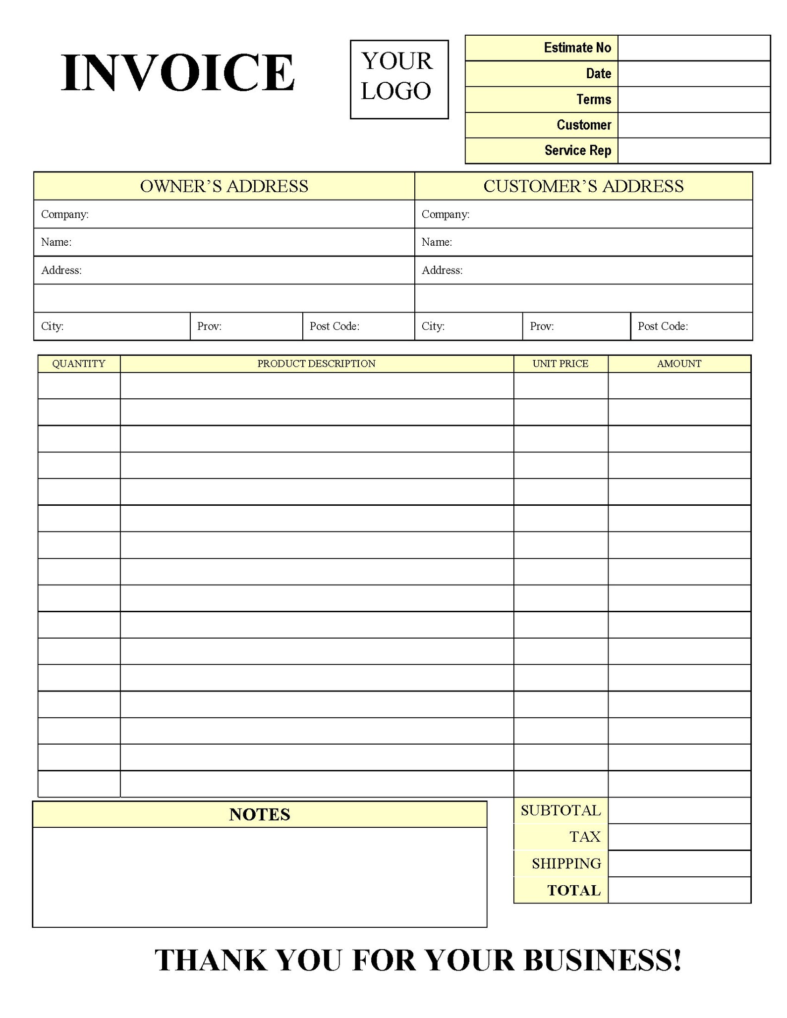 ESTIMATE-INVOICE Light Yellow Lined Template | NCR | Printable Form ...