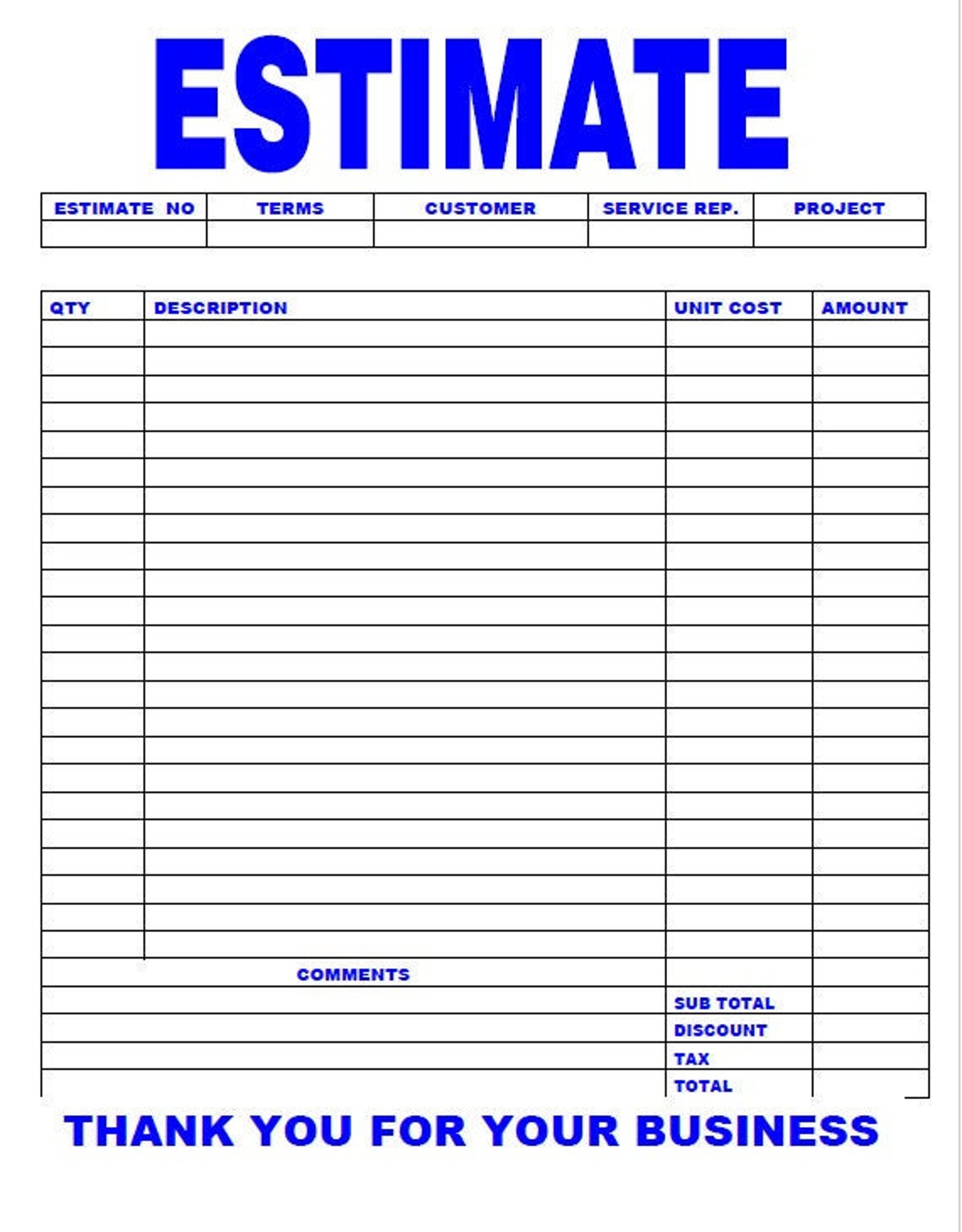 ESTIMATE-INVOICE Template Printable Form Blue Text Style Edition - Etsy