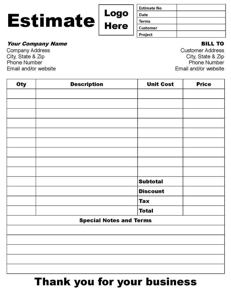 ESTIMATE-INVOICE Documented Template | Printable Form | Editable ...