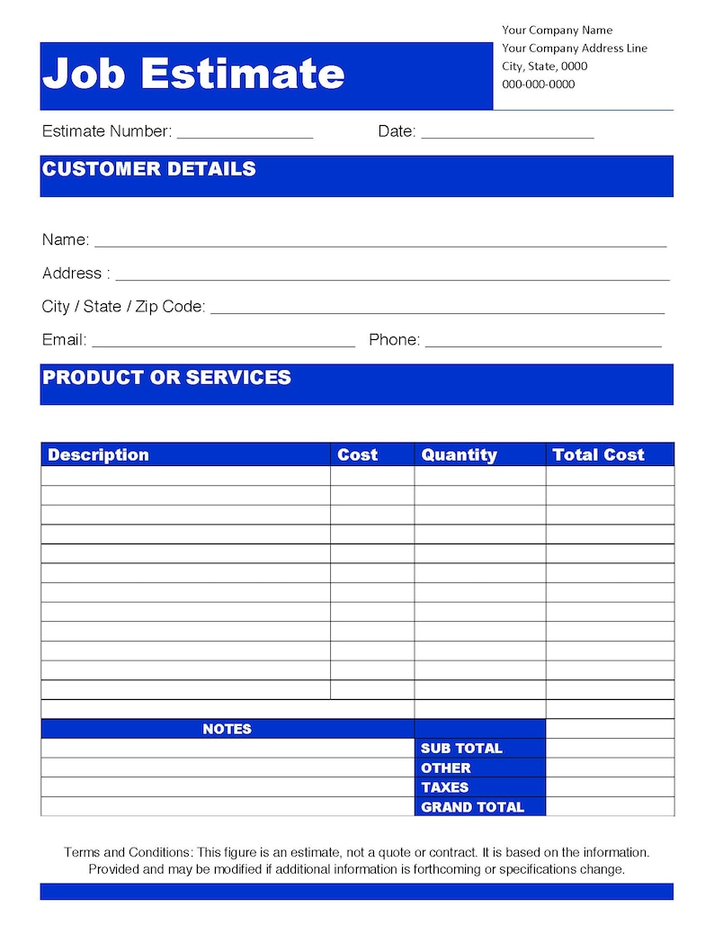 Job Estimate-invoice. Pdf/google Docs/microsoft Word. Contractor ...