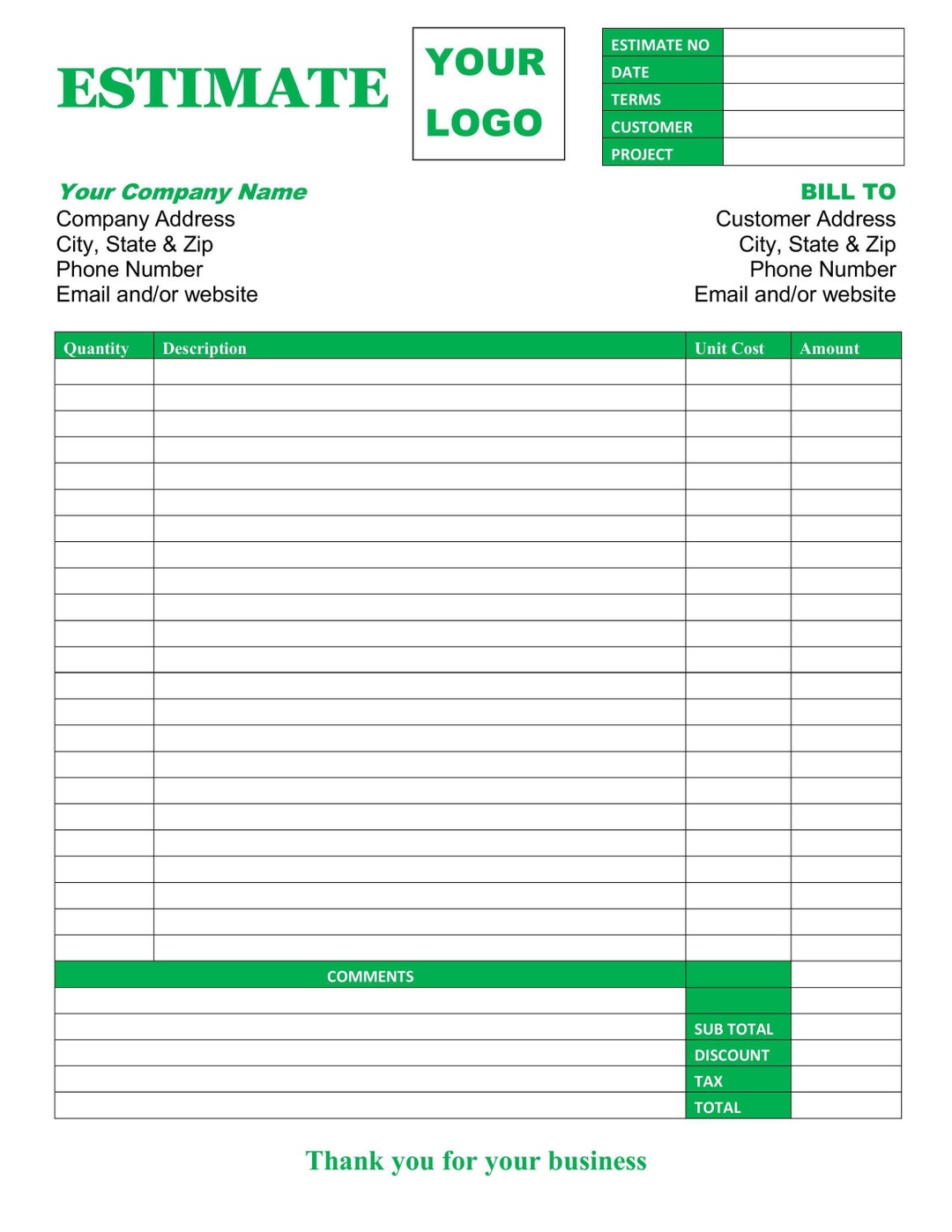 ESTIMATE-INVOICE Green Template Printable Form - Etsy