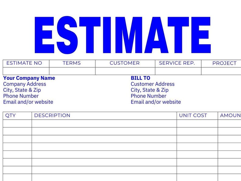 ESTIMATE-INVOICE Template | Printable Form | Blue Text Style Edition - Etsy