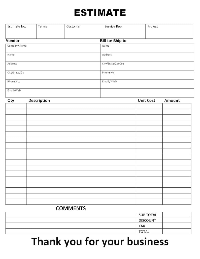 ESTIMATE-INVOICE Proposal Style Template | Printable Form |1st - Etsy