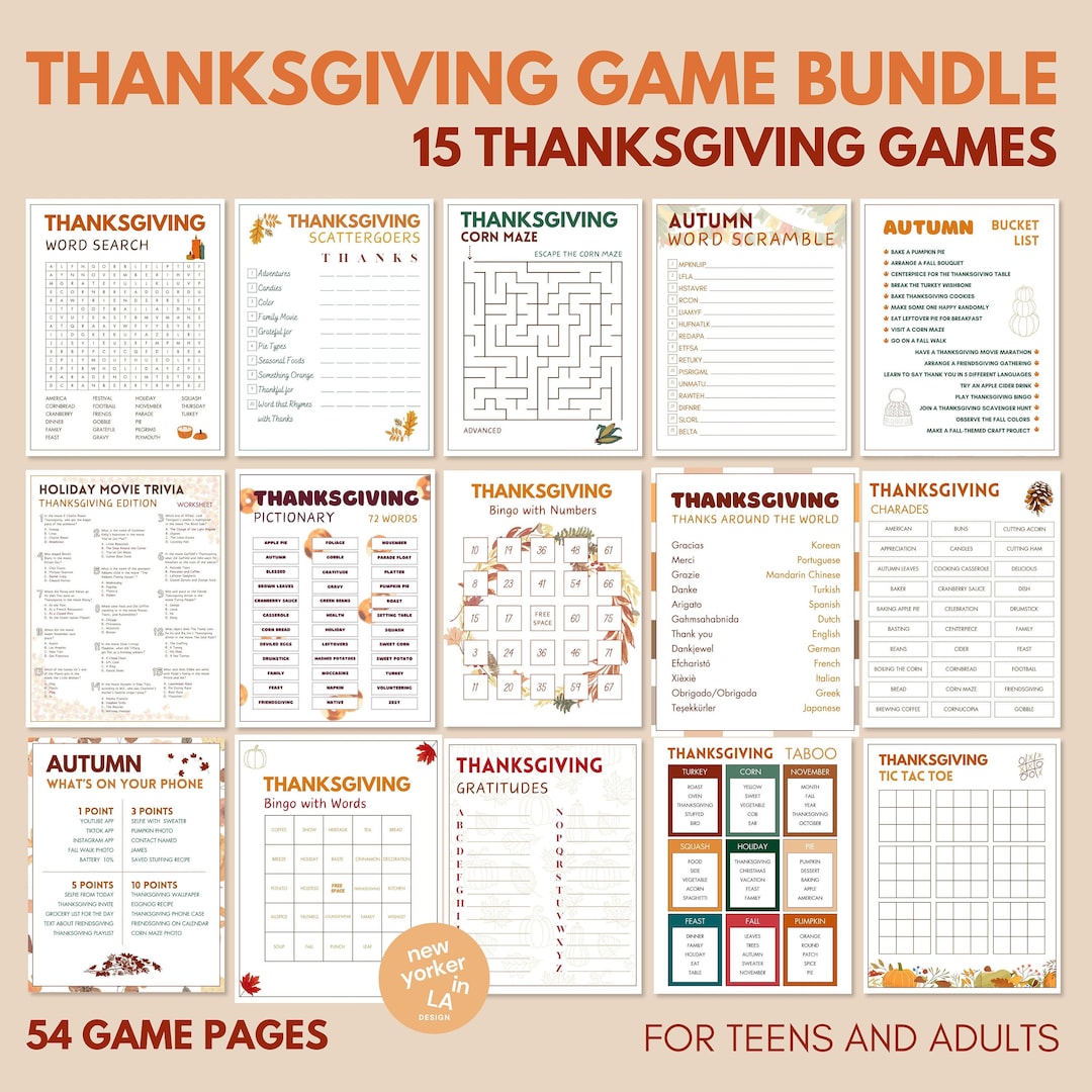 15 Thanksgiving Games Bundle | for Adults and Teens | Printable Games ...