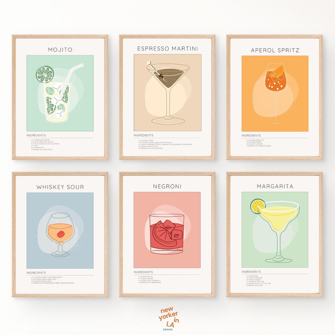 Set of 6 Cocktail Art Prints • Retro Cocktail Wall Art • Minimalist ...