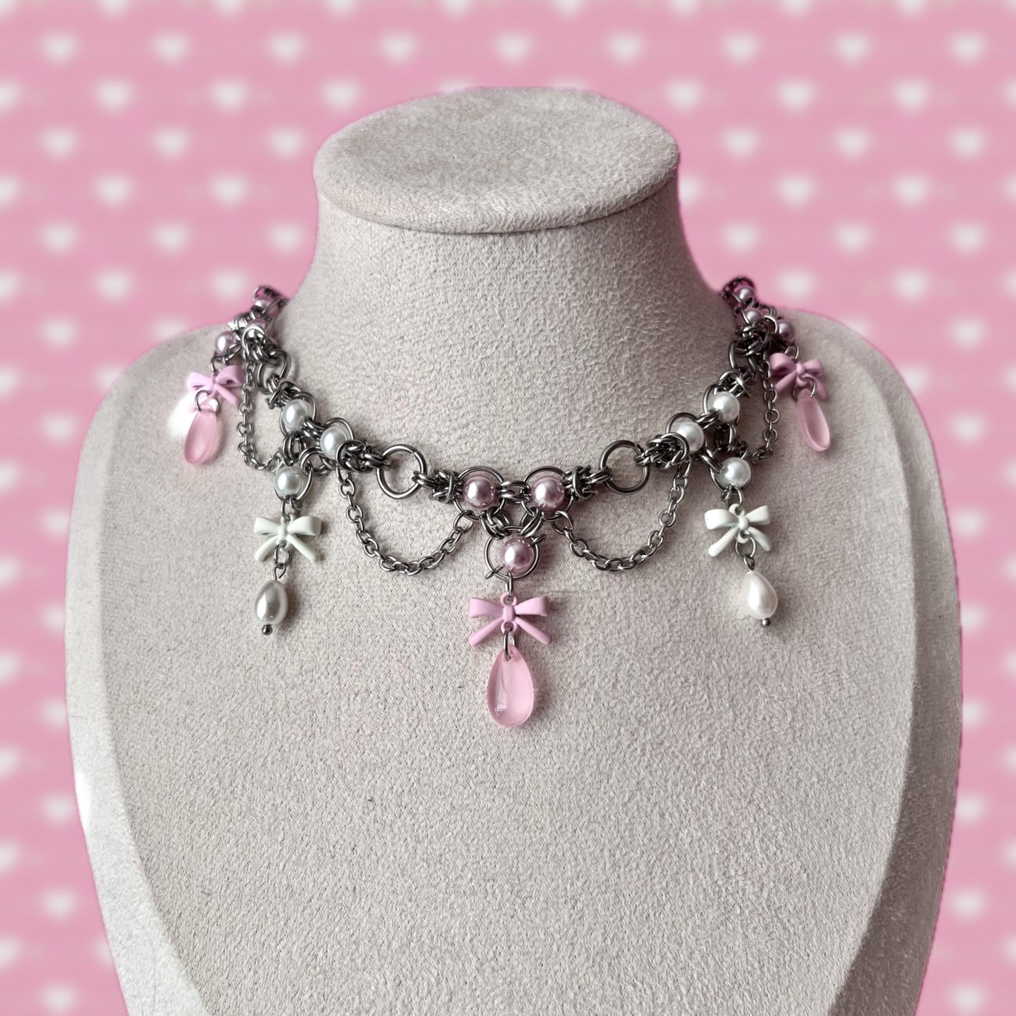 Pastel Pink & White Faux Pearl Chainmail Choker Necklace - Byzantine ...