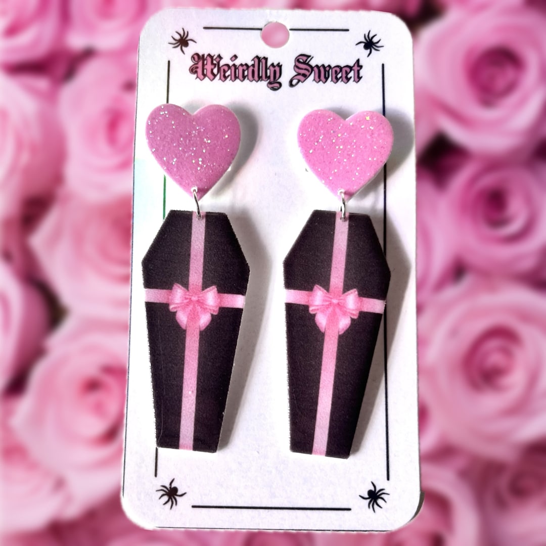 Black & Pink Gift Wrapped Bow Coffin Earrings - Pink Heart Studs ...