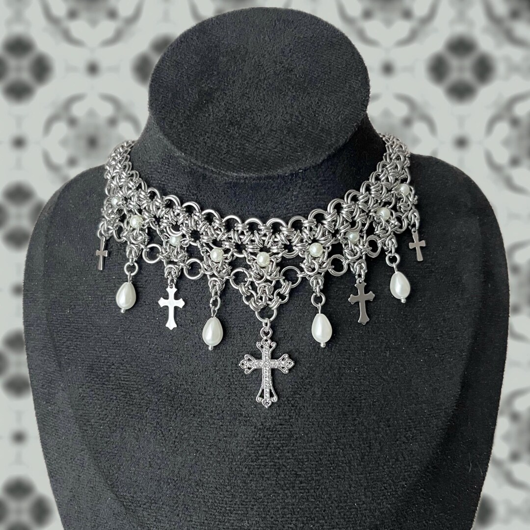 Gothic Chainmail Cross Choker Necklace - Silver Stainless Steel - Faux ...