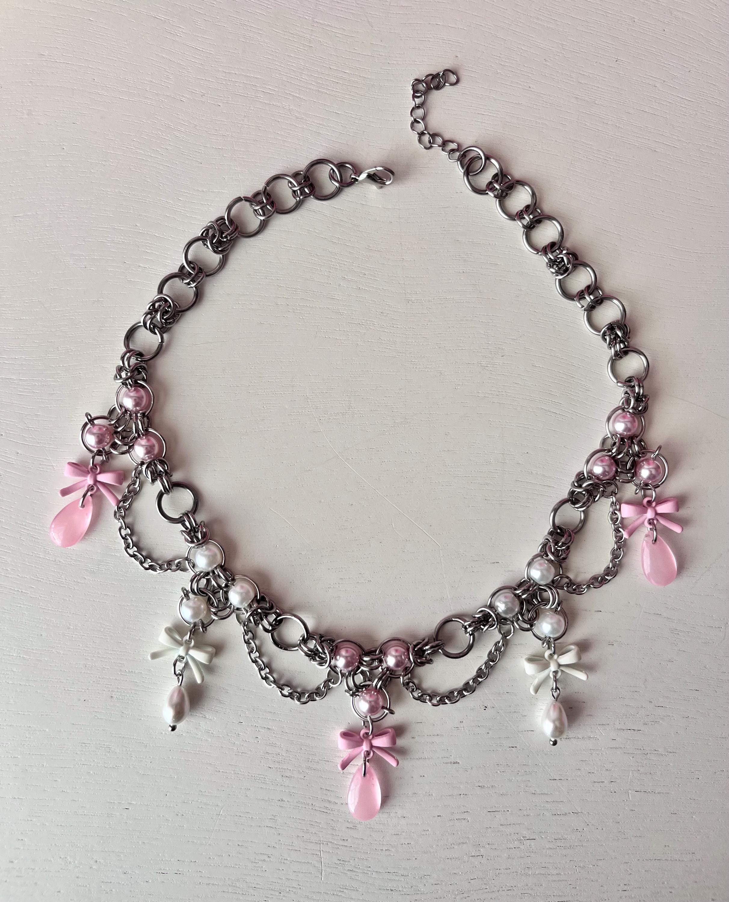 Pastel Pink & White Faux Pearl Chainmail Choker Necklace - Byzantine ...