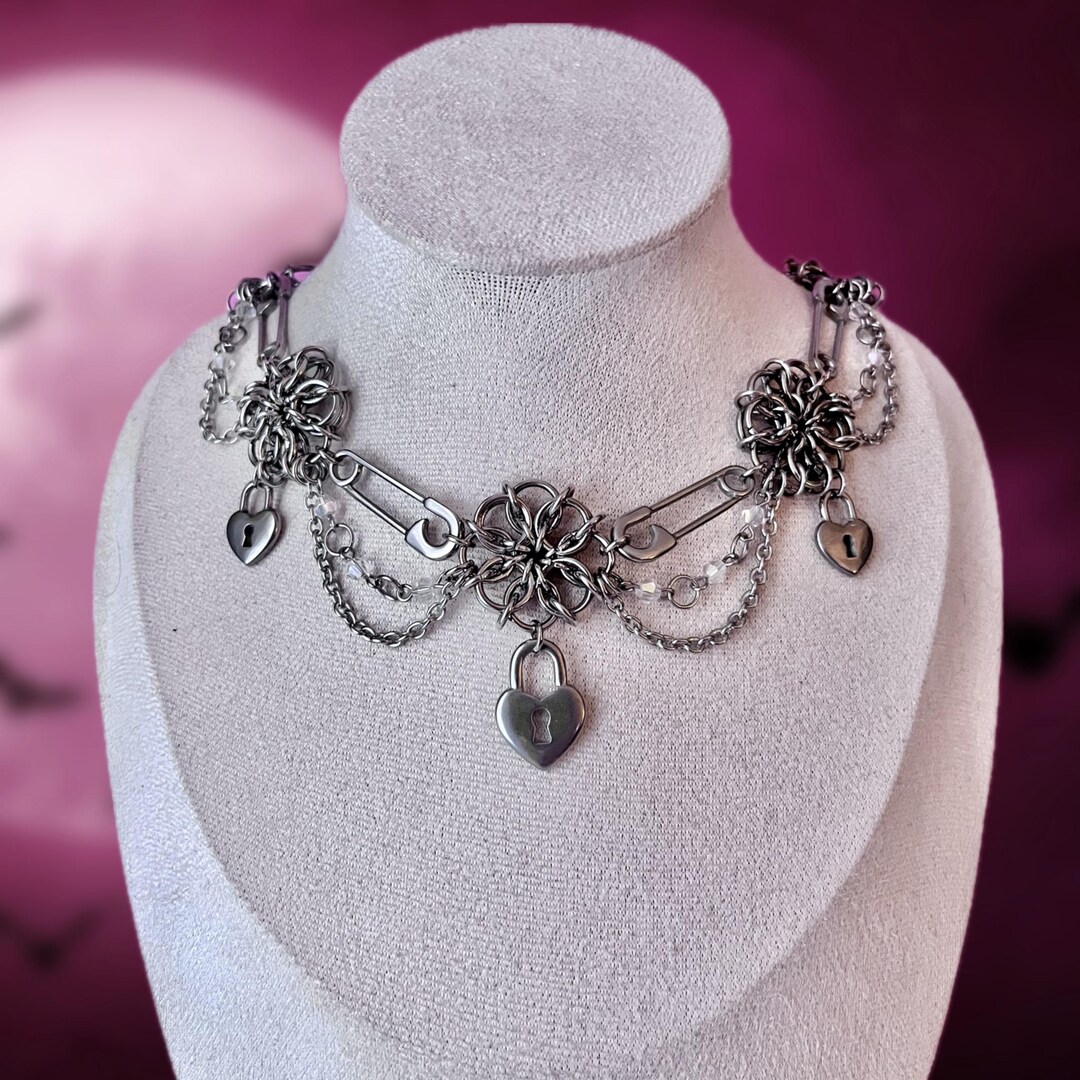 Borealis Unit Chainmail Choker With Safety Pins & Heart Lock Charms ...