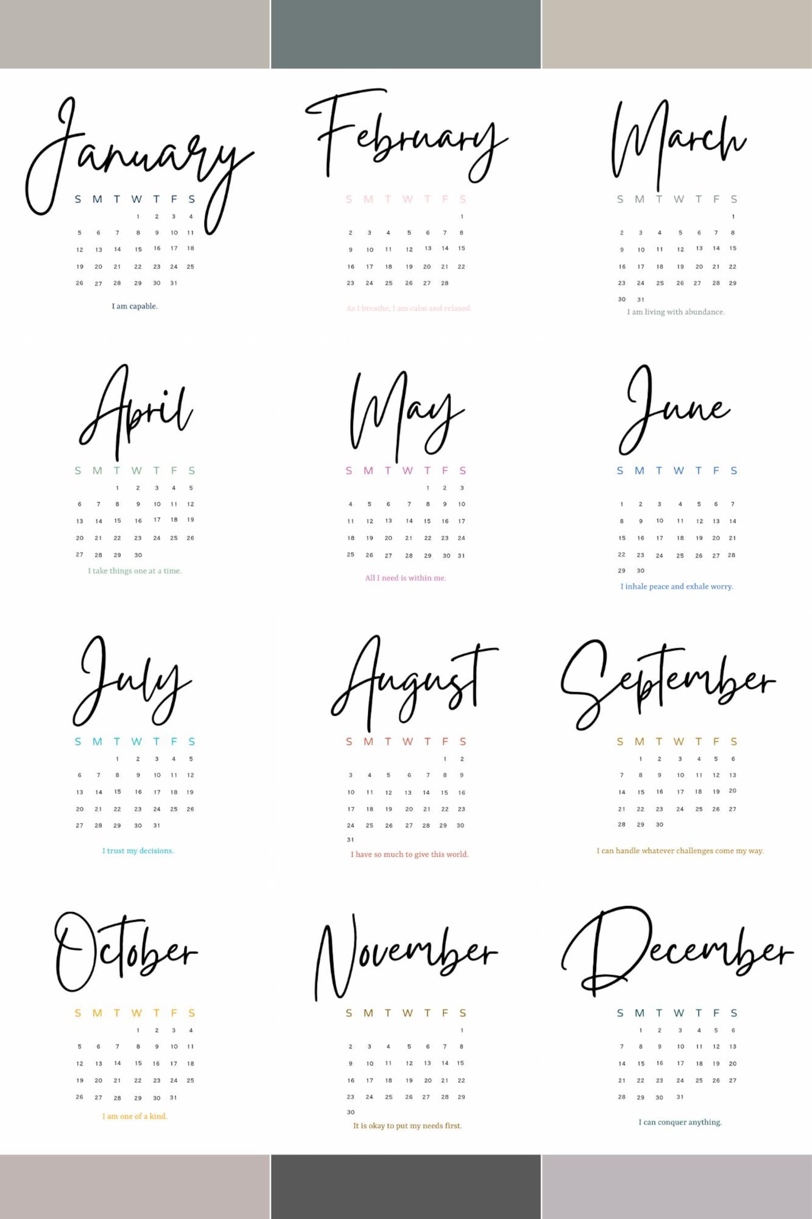 2025 Minimal Monthly Calendar | With Affirmations | Digital Download | Sunday to Saturday ...