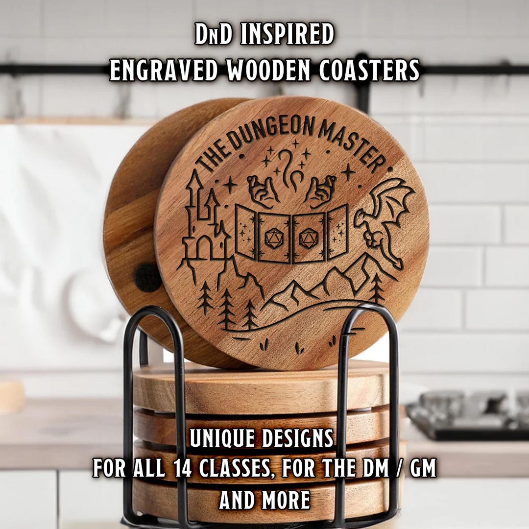 Dungeons and Dragons Engraved Acacia Wood Coasters With Holder, Set of ...